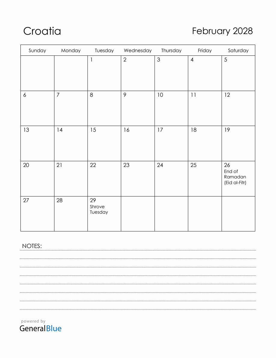 February 2028 Croatia Calendar with Holidays