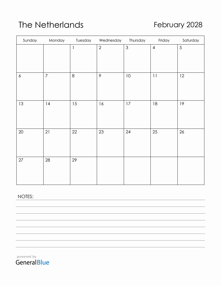 February 2028 The Netherlands Calendar with Holidays