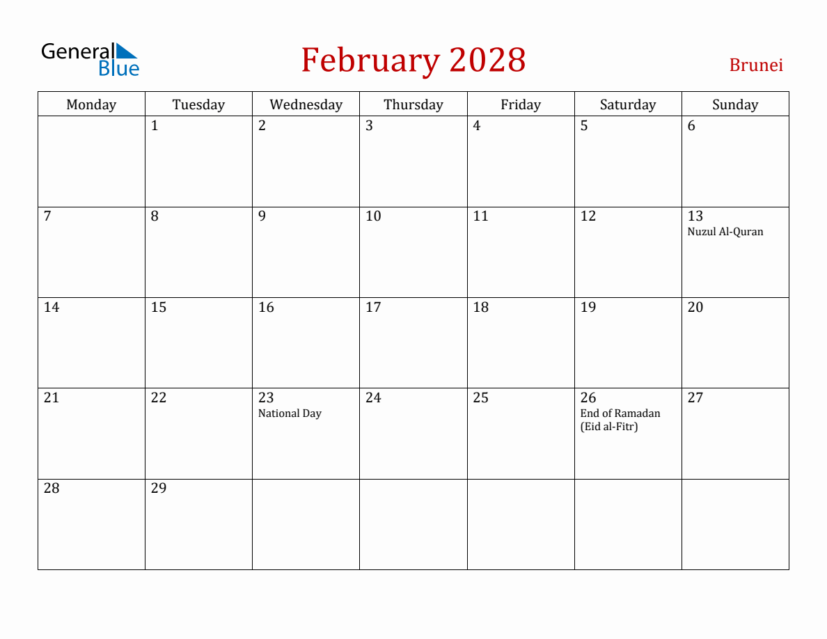 February 2028 Brunei Monthly Calendar with Holidays (Monday Start)
