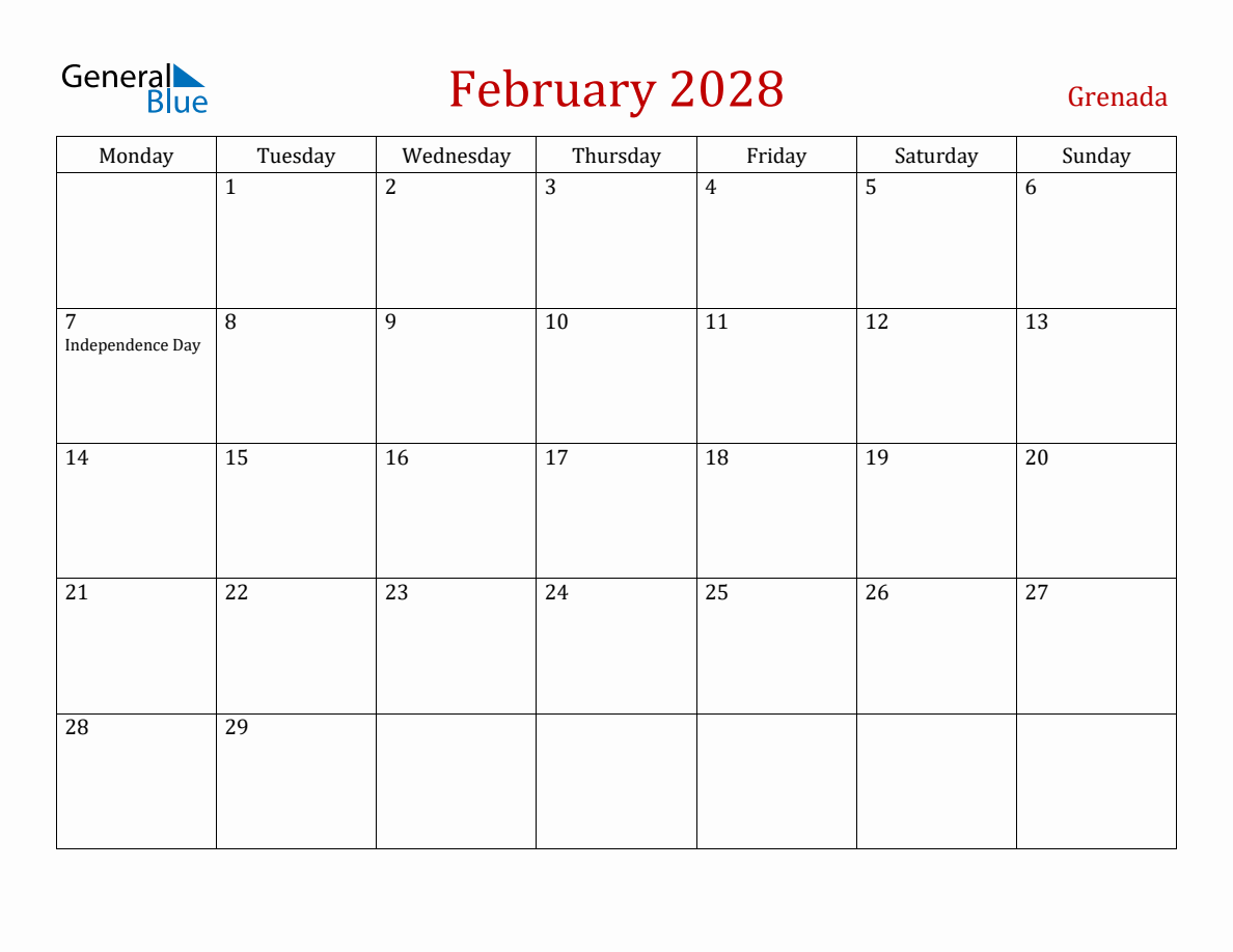 February 2028 Grenada Monthly Calendar with Holidays (Monday Start)