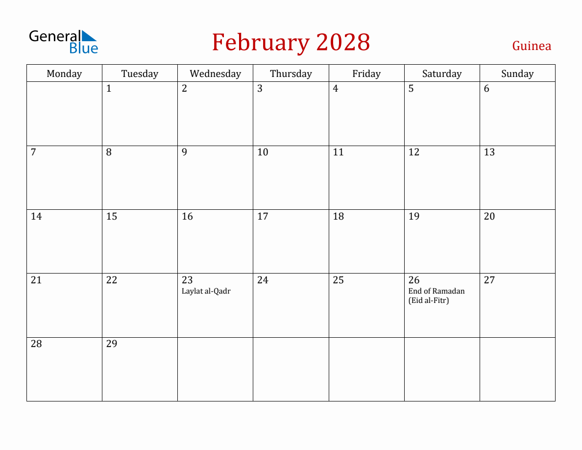 February 2028 Guinea Monthly Calendar with Holidays (Monday Start)