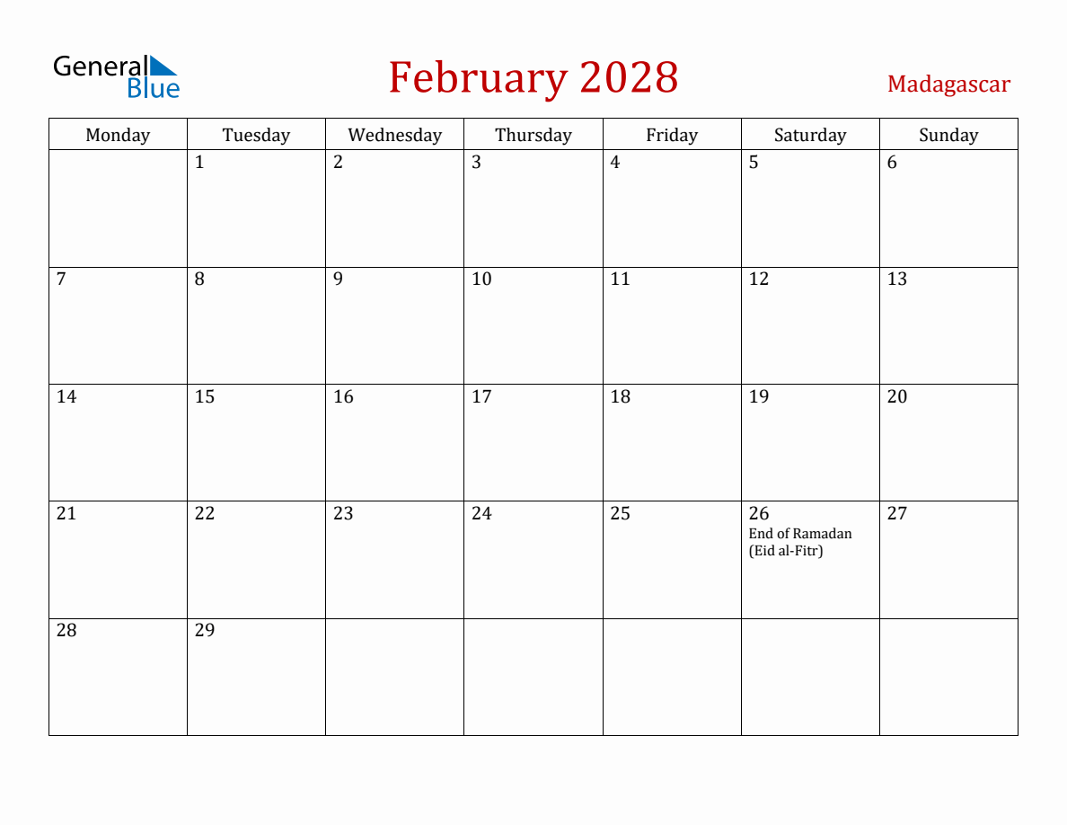February 2028 Madagascar Monthly Calendar with Holidays
