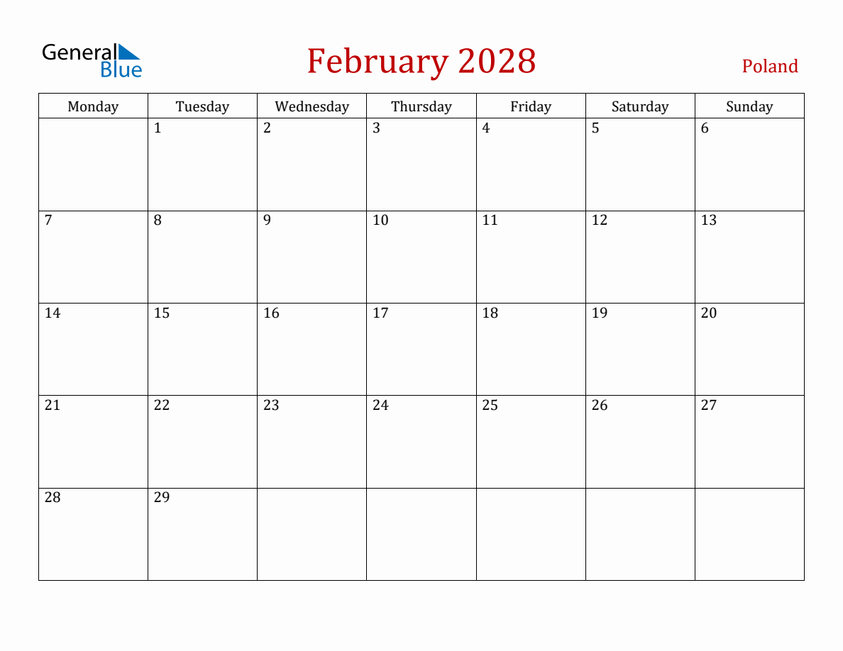 February 2028 Poland Monthly Calendar with Holidays