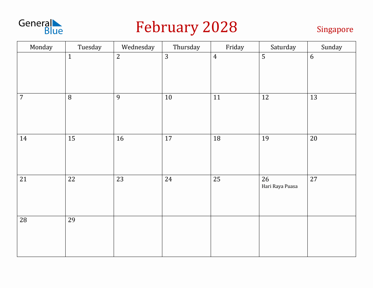 February 2028 Singapore Monthly Calendar with Holidays (Monday Start)