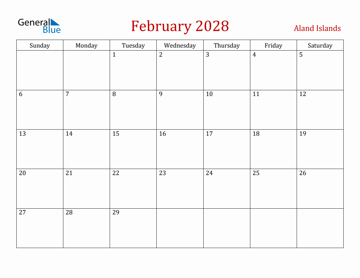 February 2028 Aland Islands Monthly Calendar with Holidays