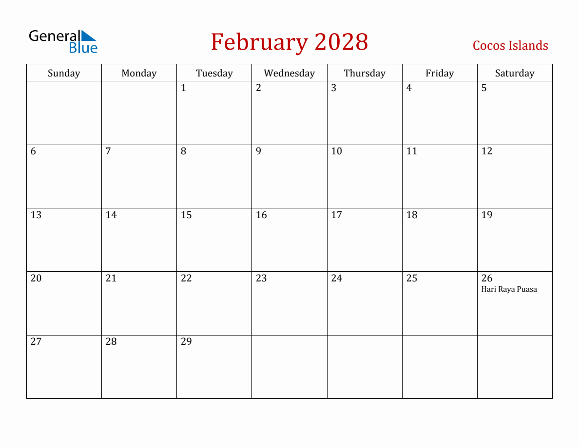 February 2028 Cocos Islands Monthly Calendar with Holidays