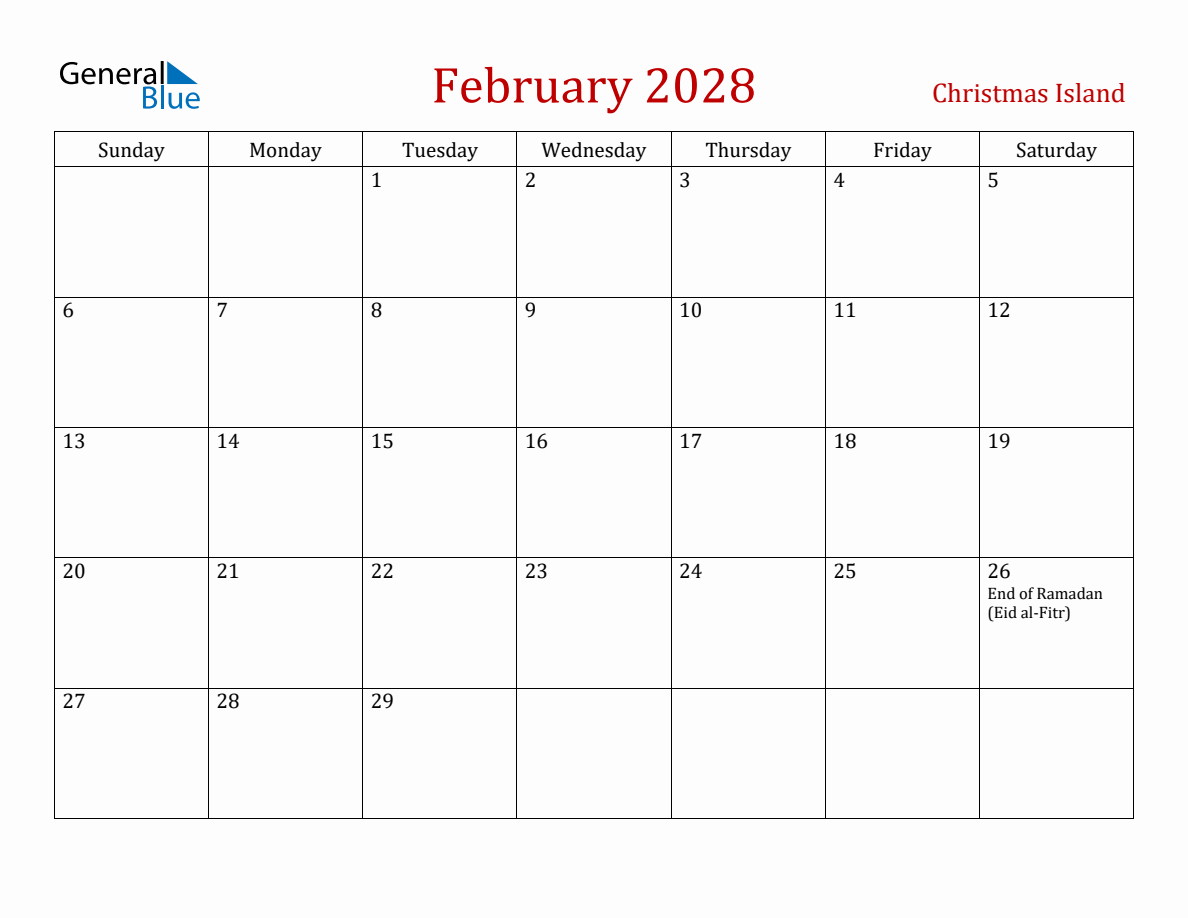 February 2028 Christmas Island Monthly Calendar with Holidays