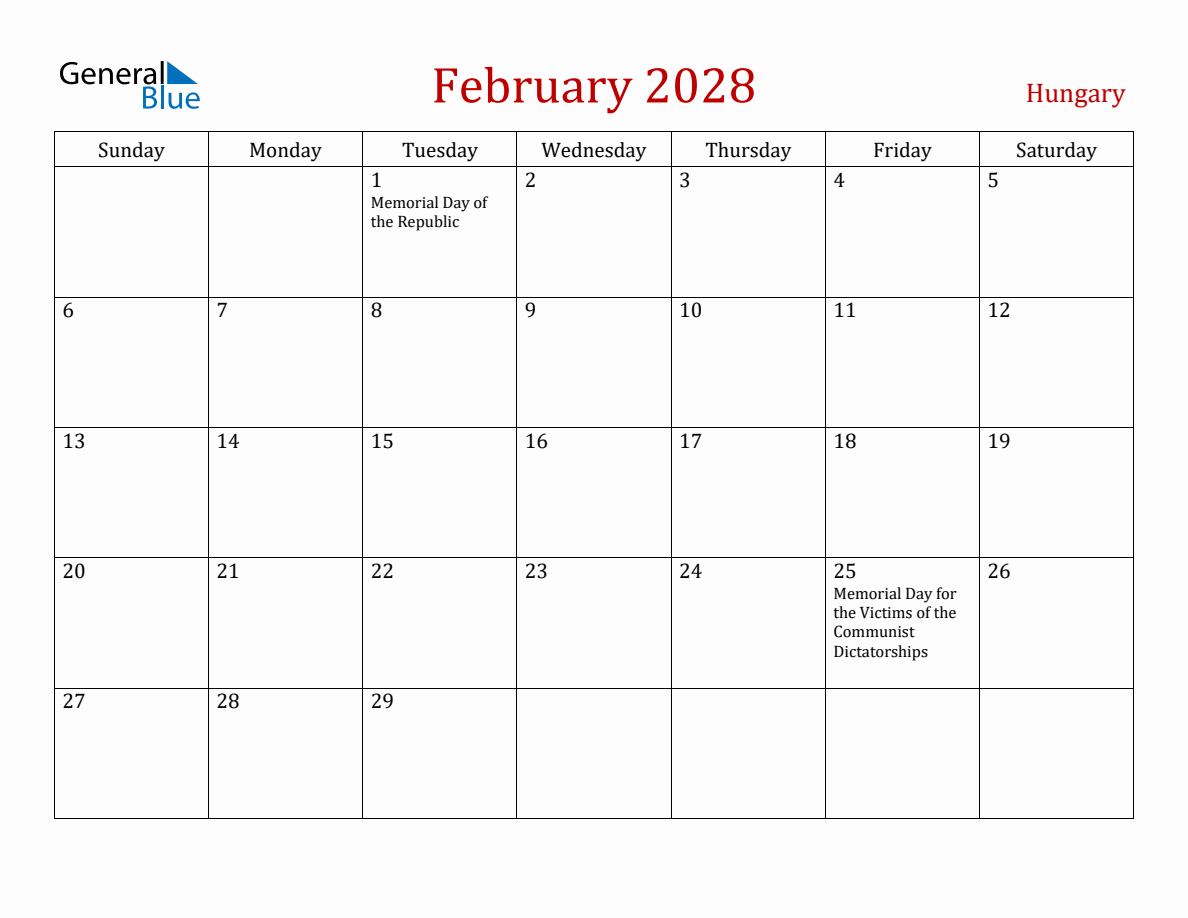 February 2028 Hungary Monthly Calendar with Holidays