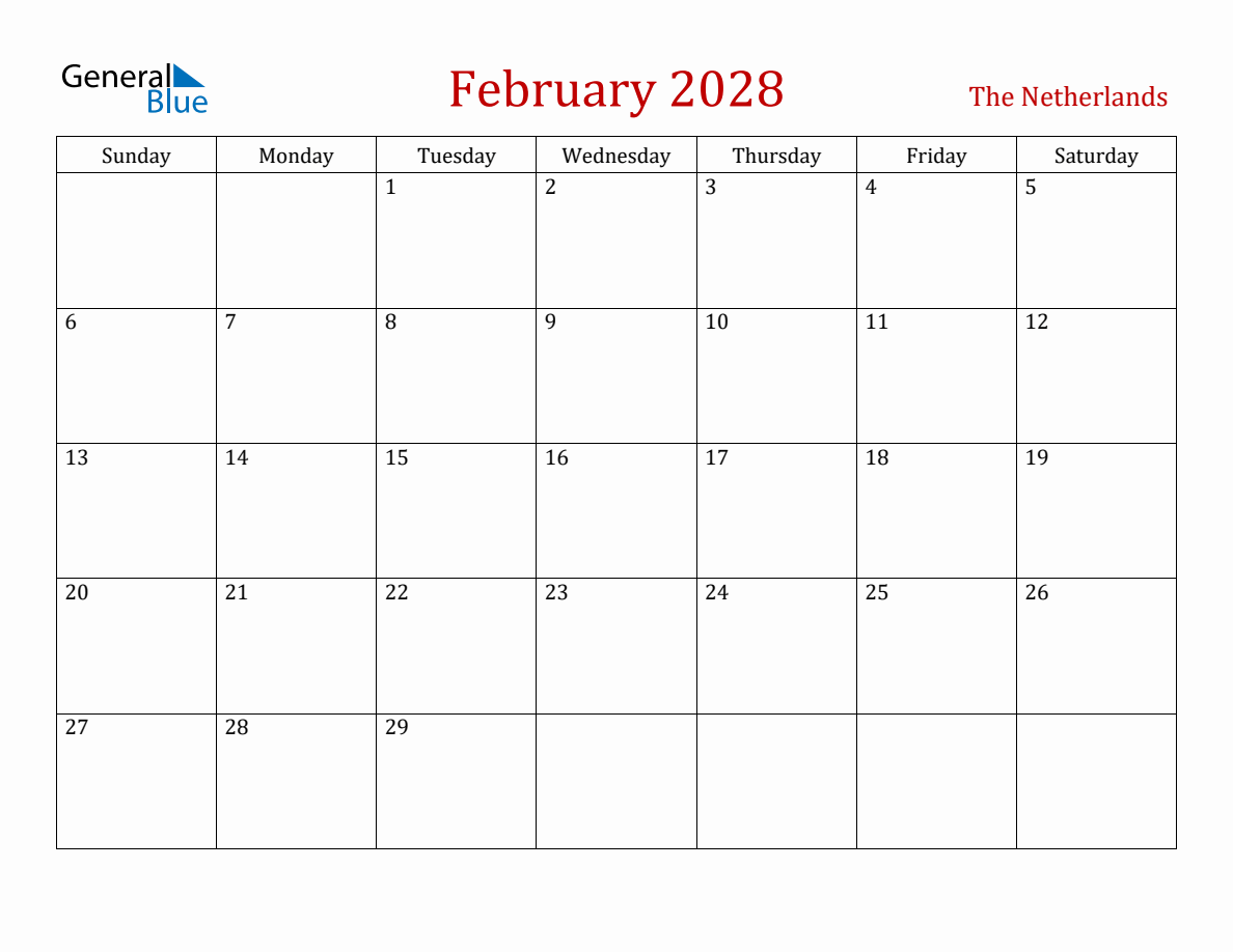February 2028 The Netherlands Monthly Calendar with Holidays
