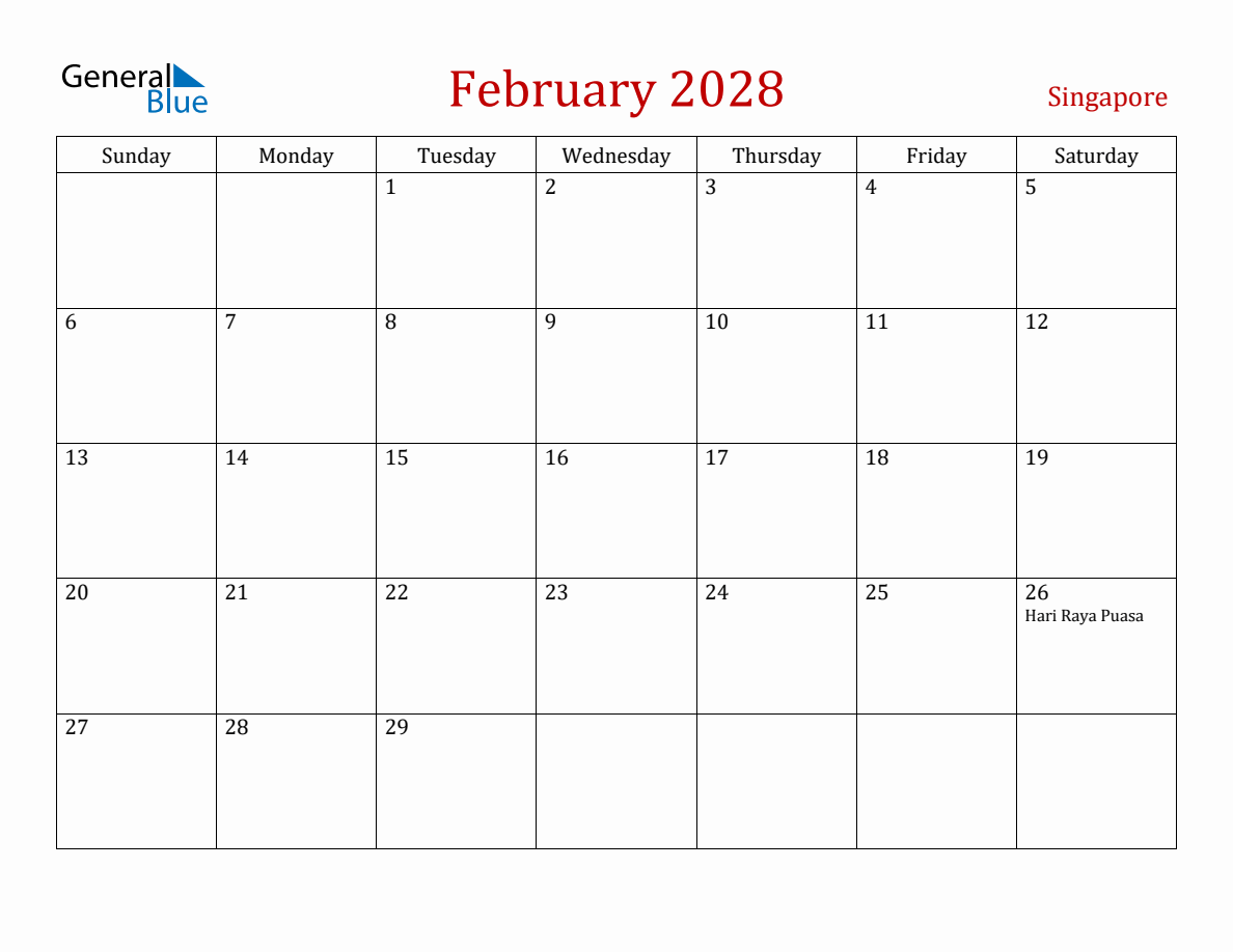 February 2028 Singapore Monthly Calendar with Holidays