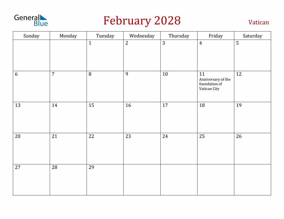 February 2028 Vatican Monthly Calendar with Holidays