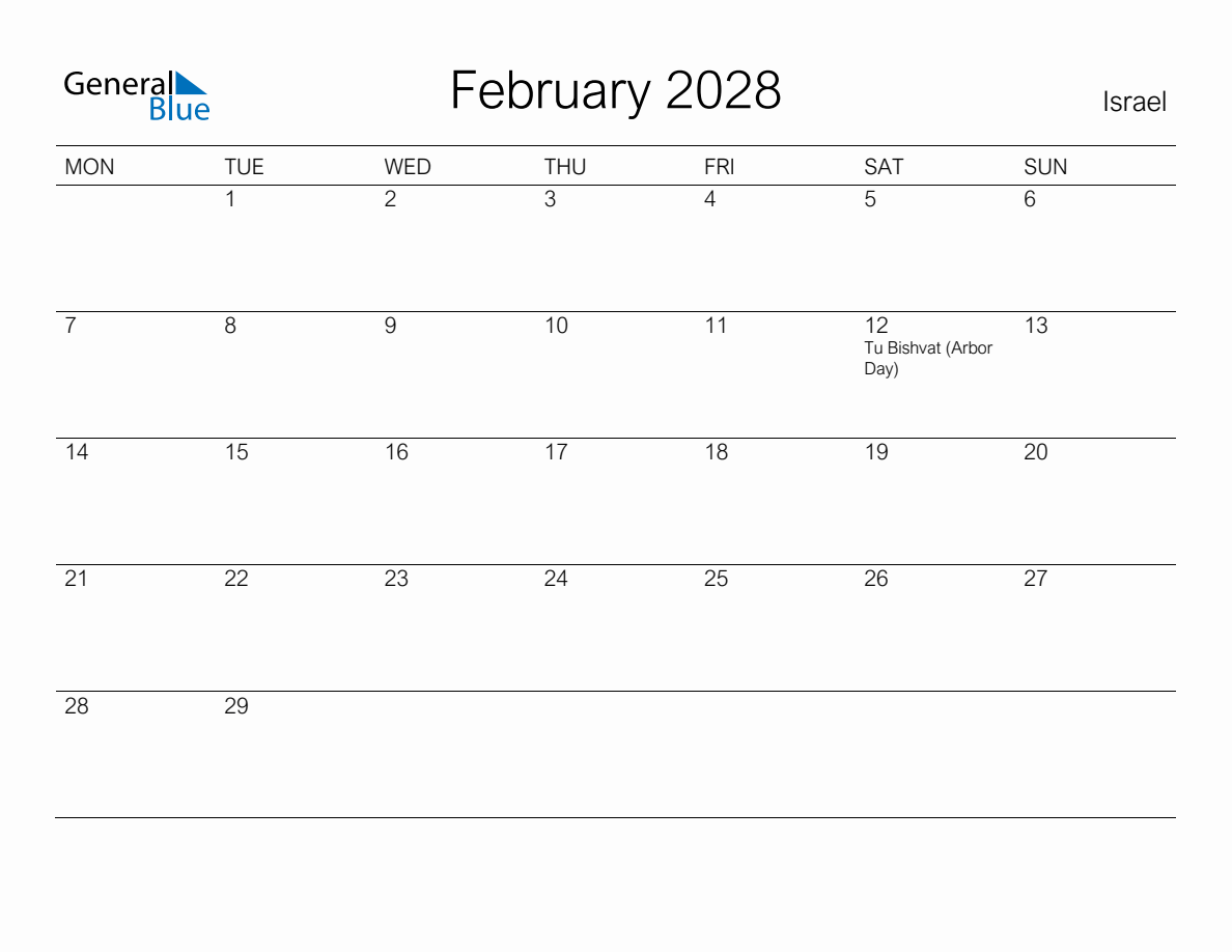 Printable February 2028 Monthly Calendar with Holidays for Israel ...