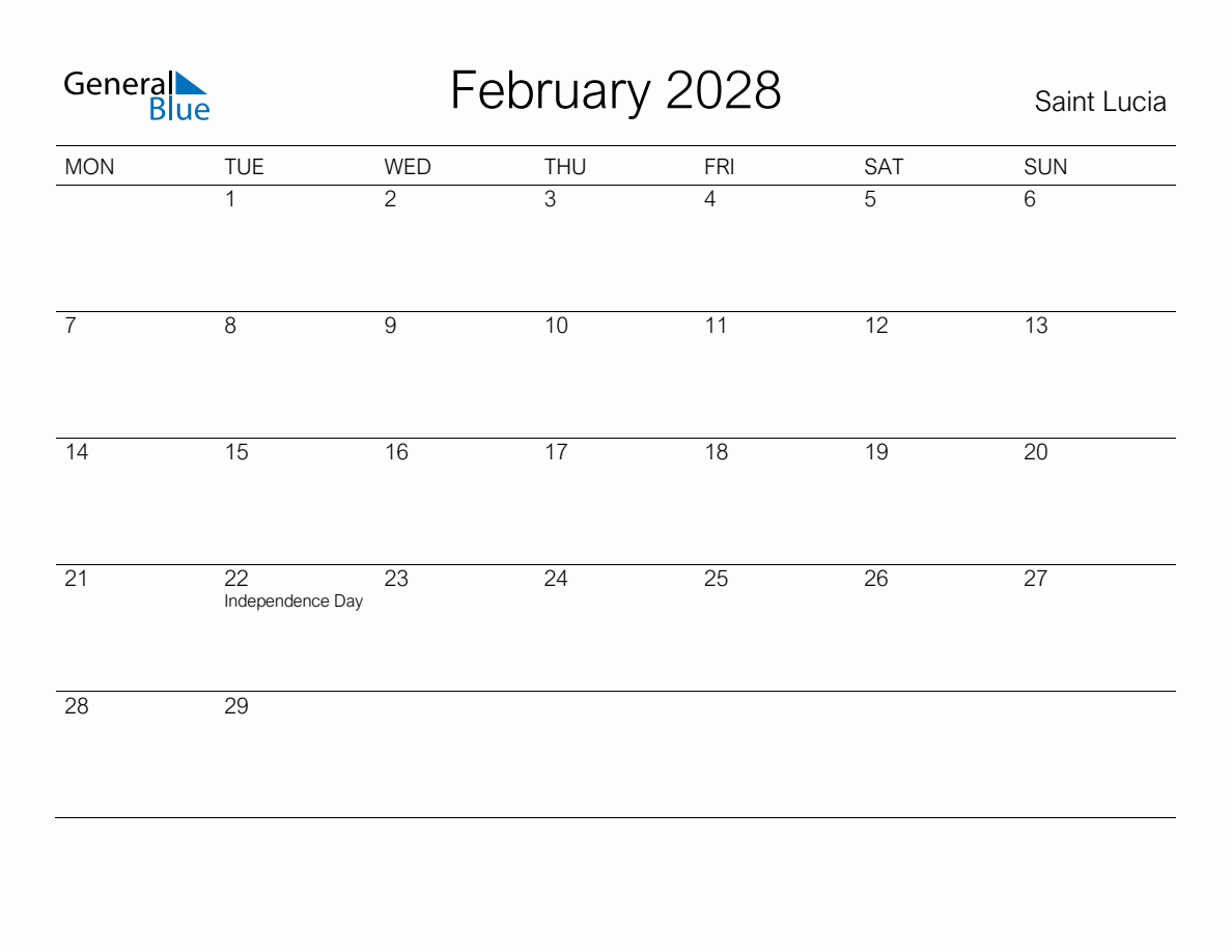 Printable February 2028 Monthly Calendar with Holidays for Saint Lucia ...