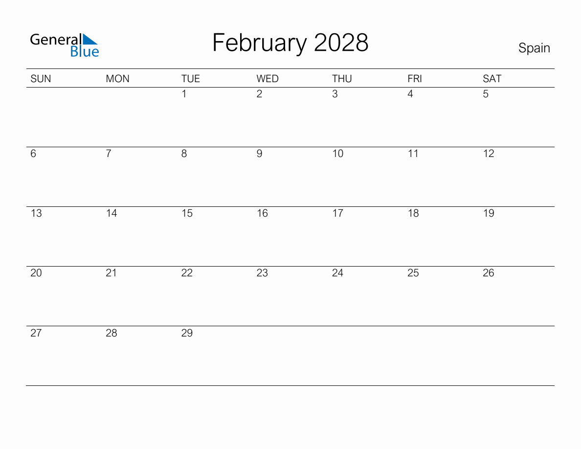 Printable February 2028 Monthly Calendar with Holidays for Spain