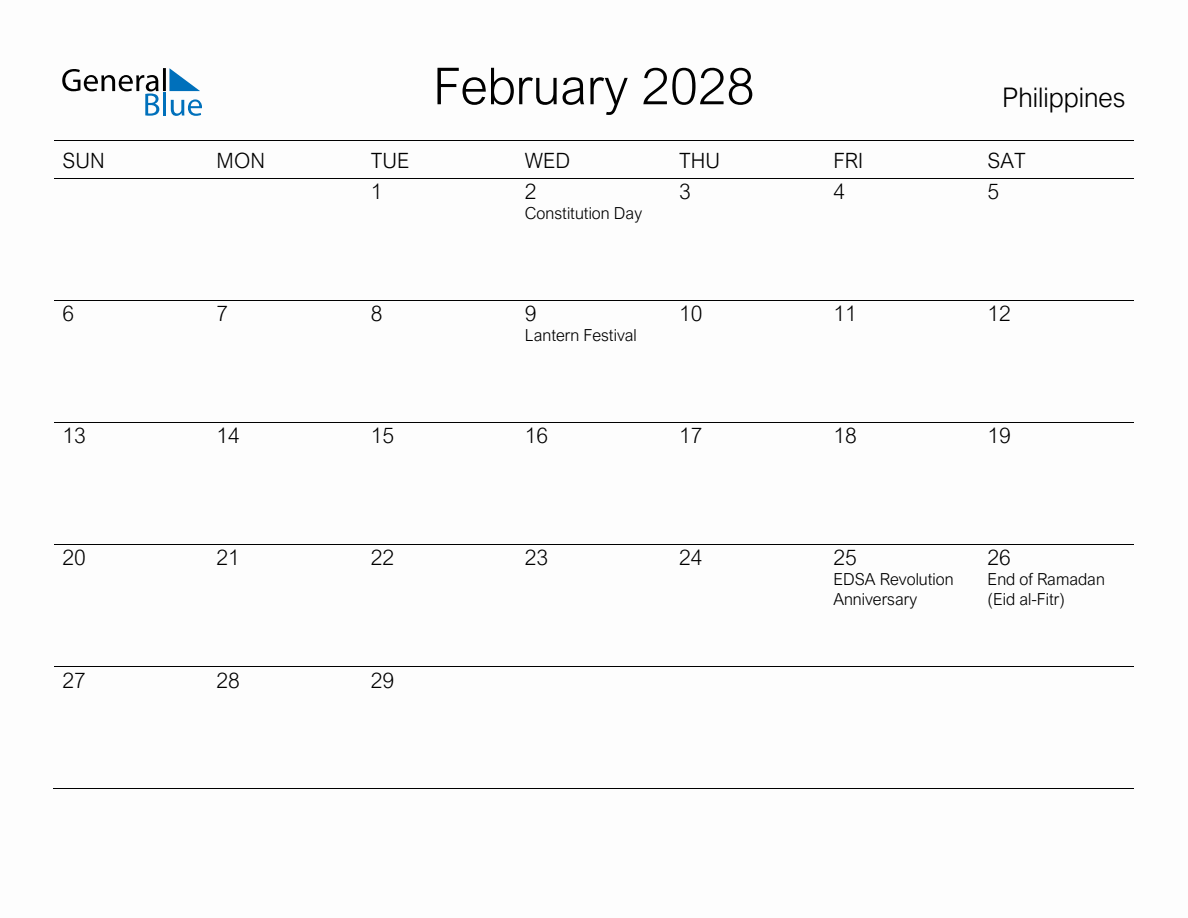 Printable February 2028 Monthly Calendar with Holidays for Philippines