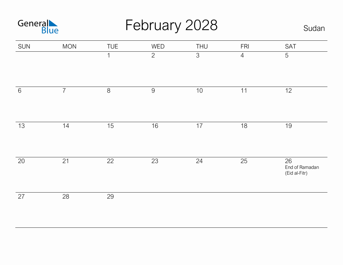Printable February 2028 Monthly Calendar with Holidays for Sudan