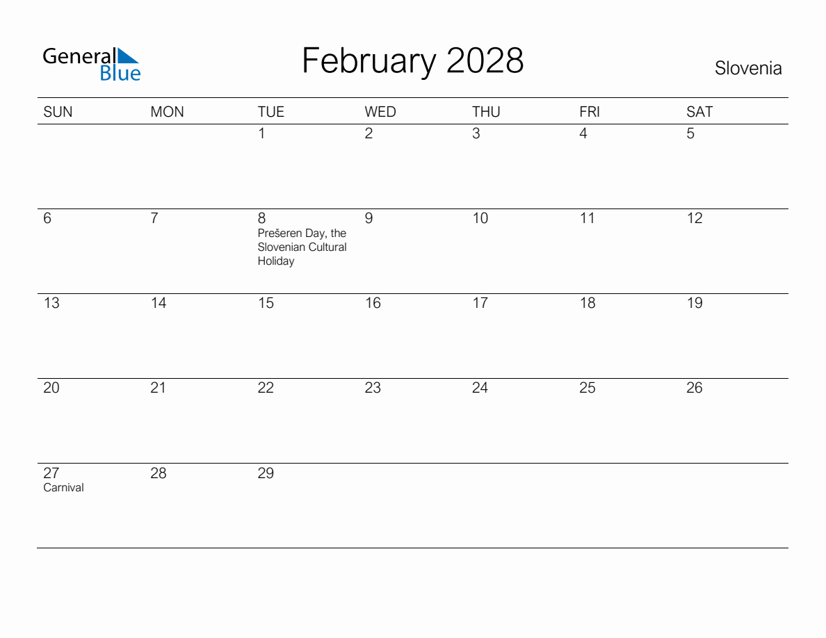 Printable February 2028 Monthly Calendar with Holidays for Slovenia