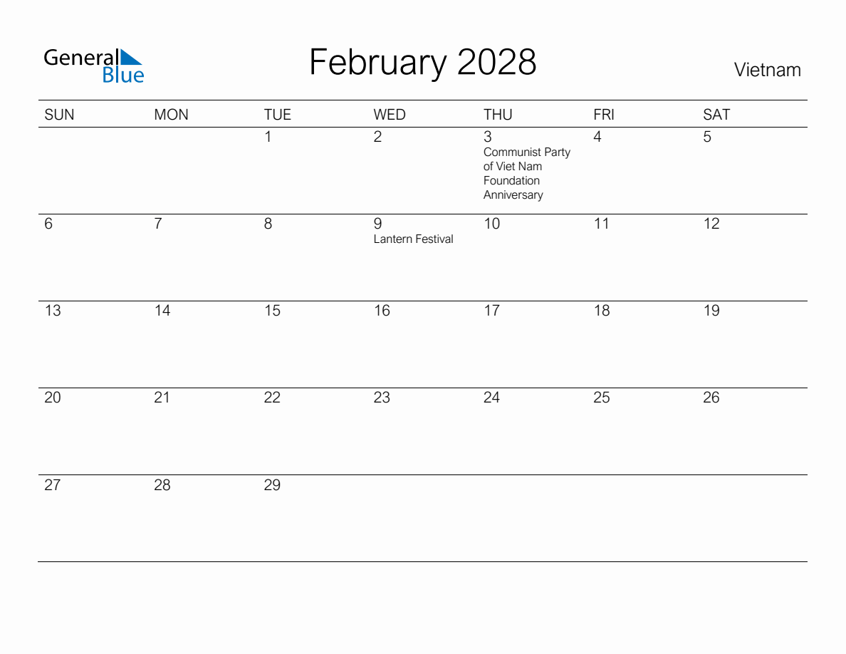 Printable February 2028 Monthly Calendar with Holidays for Vietnam