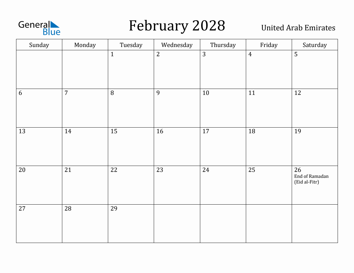 February 2028 Monthly Calendar with United Arab Emirates Holidays