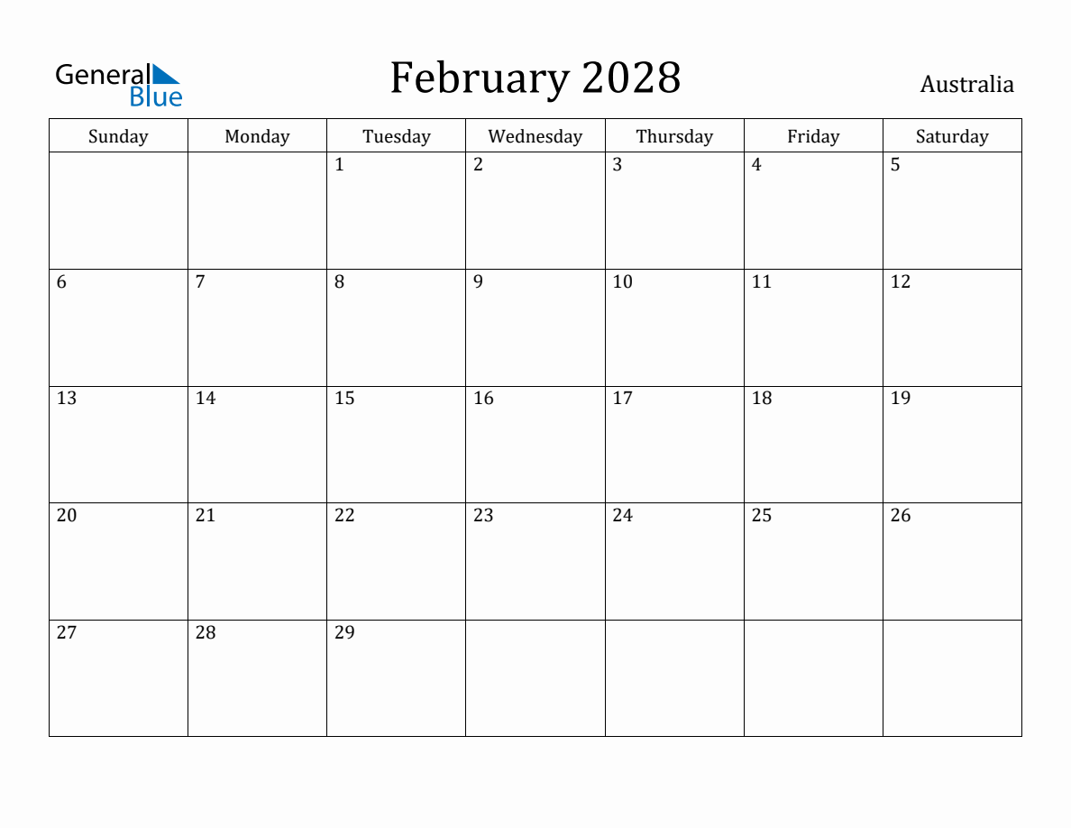 February 2028 Monthly Calendar with Australia Holidays