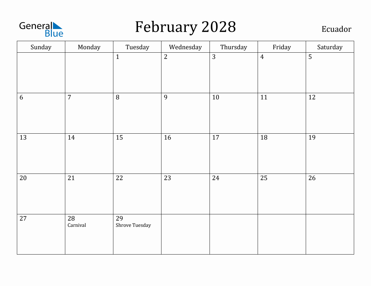 February 2028 Monthly Calendar with Ecuador Holidays