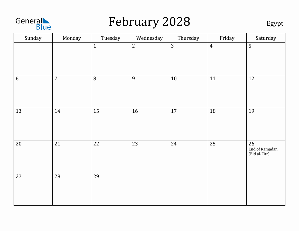 February 2028 Monthly Calendar with Egypt Holidays