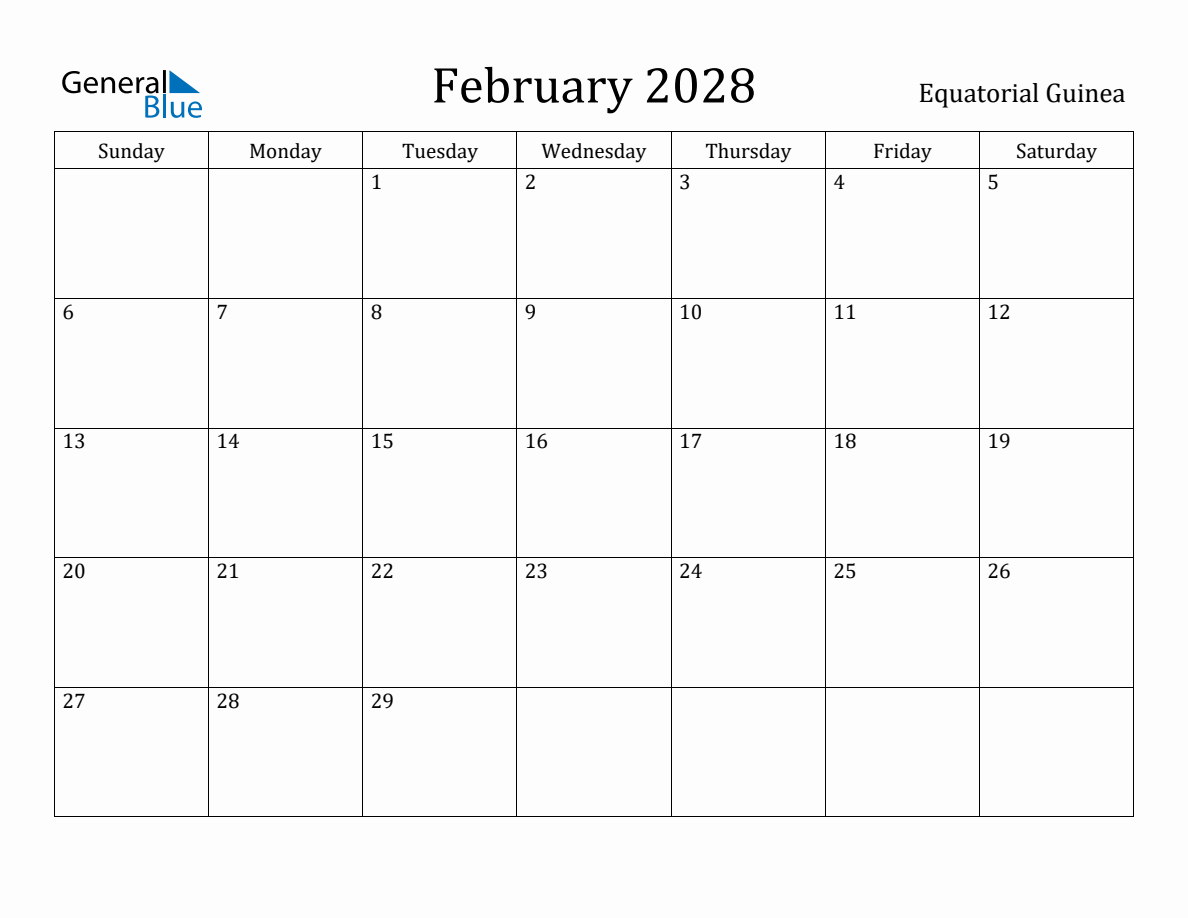 February 2028 Monthly Calendar with Equatorial Guinea Holidays