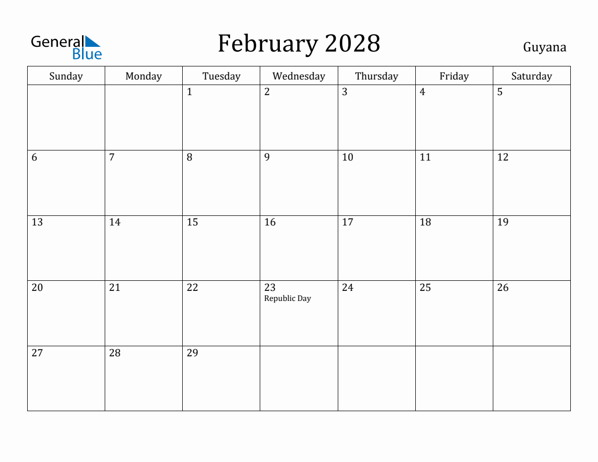 February 2028 Monthly Calendar with Guyana Holidays
