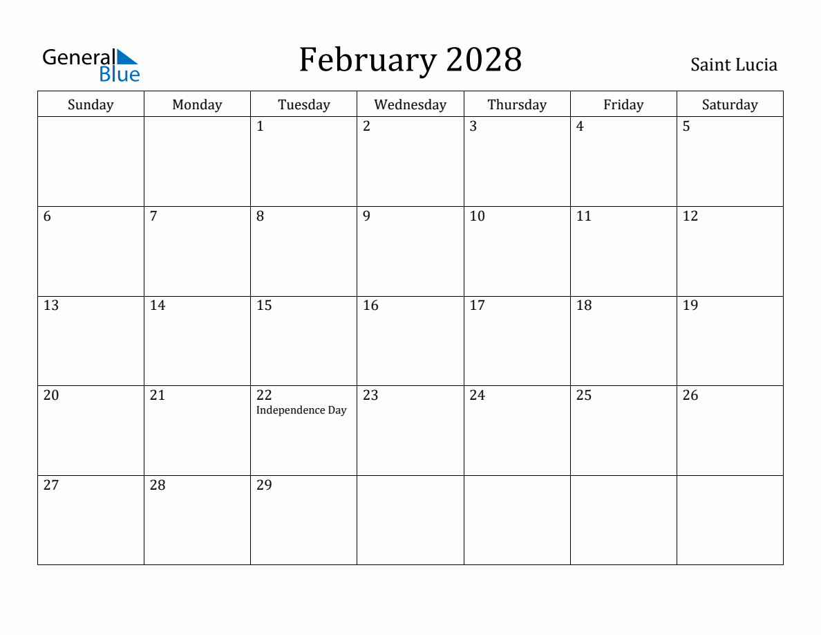 February 2028 Monthly Calendar with Saint Lucia Holidays