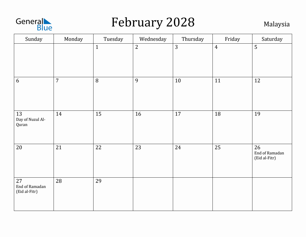 February 2028 Monthly Calendar with Malaysia Holidays