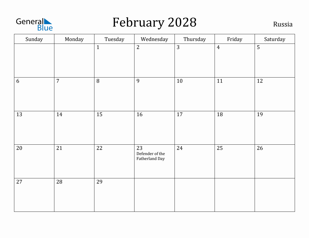 February 2028 Monthly Calendar with Russia Holidays