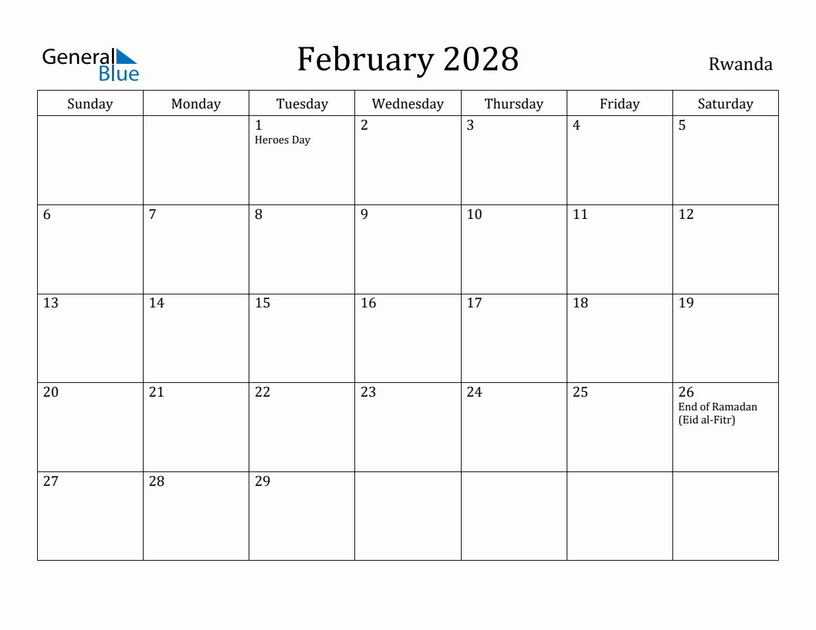 February 2028 Monthly Calendar with Rwanda Holidays