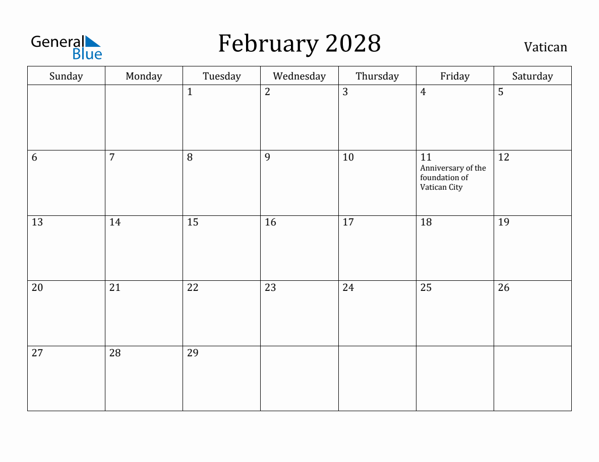 February 2028 Monthly Calendar with Vatican Holidays