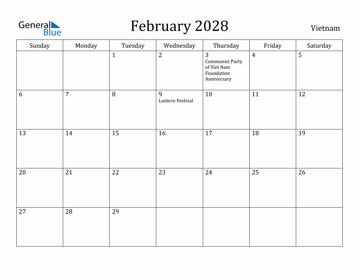 February 2028 Monthly Calendar with Vietnam Holidays