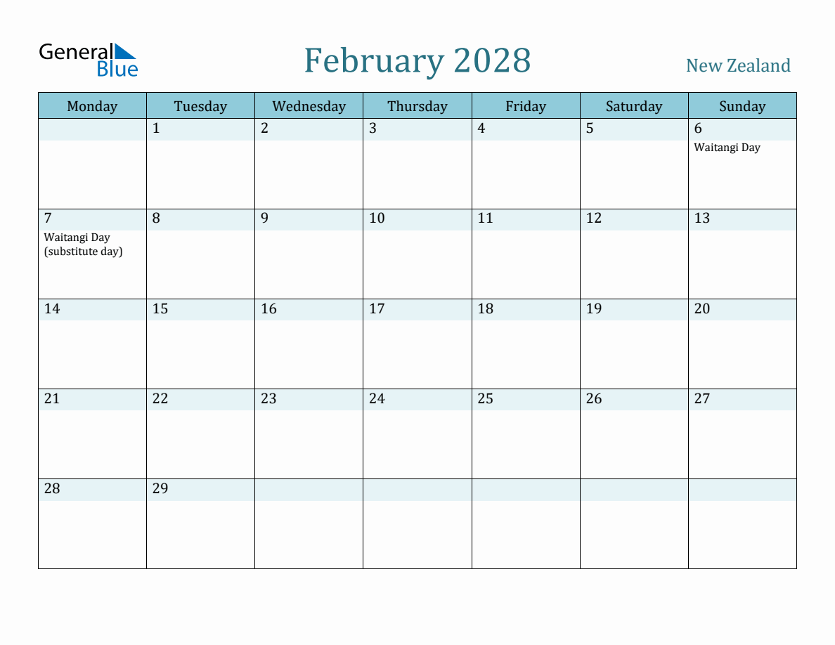 New Zealand Holiday Calendar for February 2028