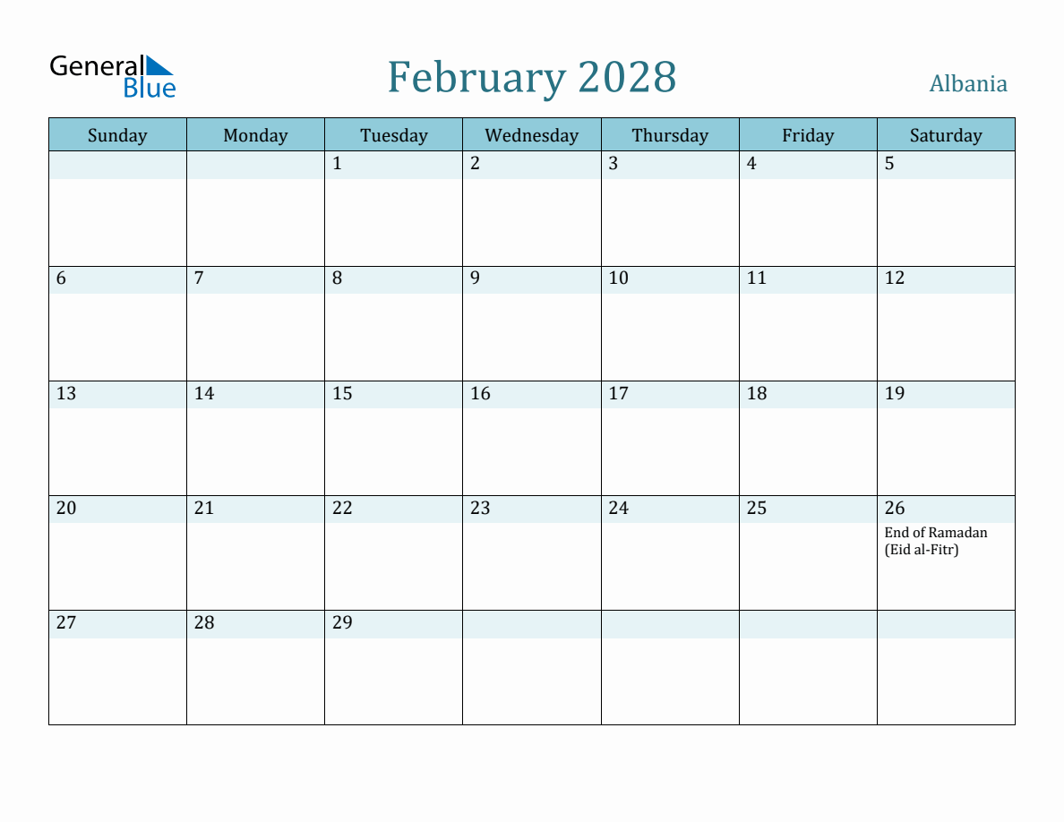 Albania Holiday Calendar for February 2028