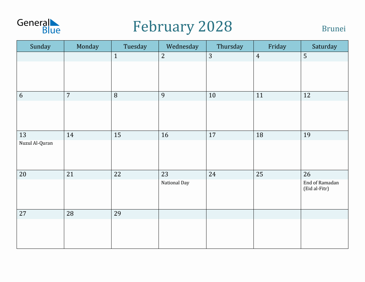 Brunei Holiday Calendar for February 2028