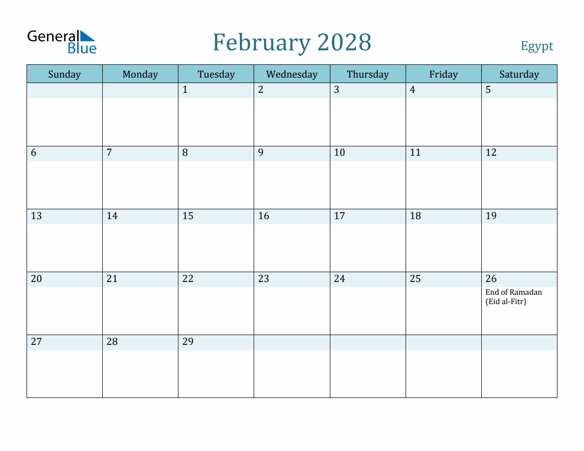 Egypt Holiday Calendar for February 2028