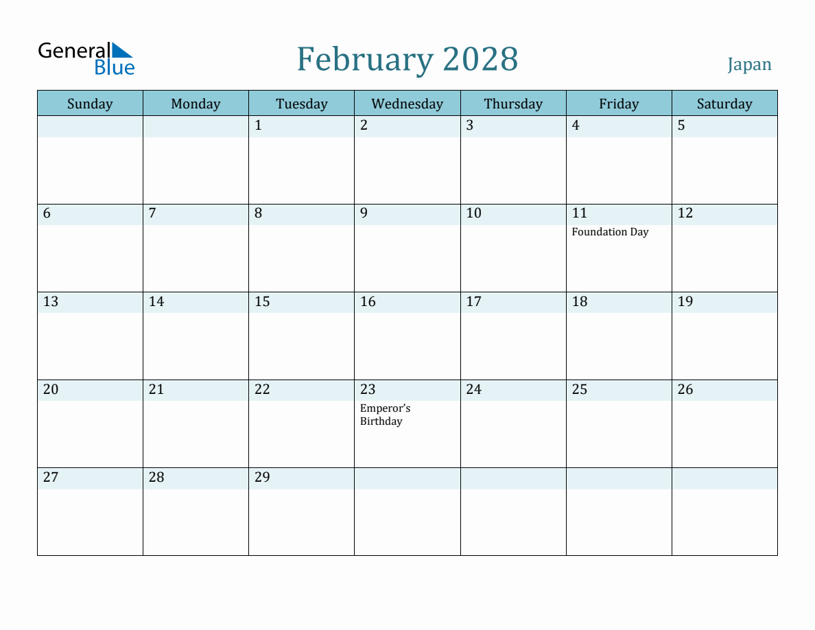 Japan Holiday Calendar for February 2028
