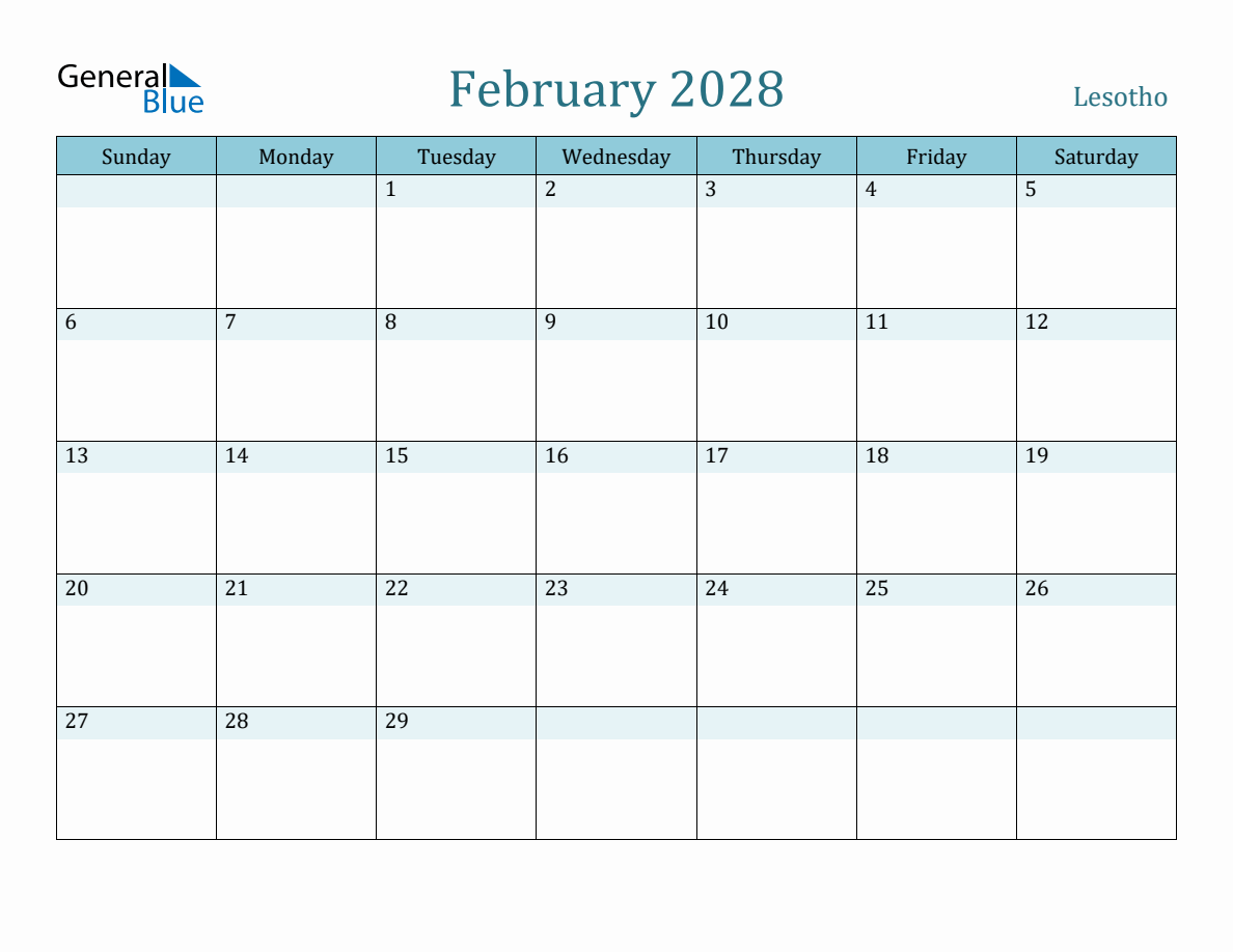 Lesotho Holiday Calendar for February 2028
