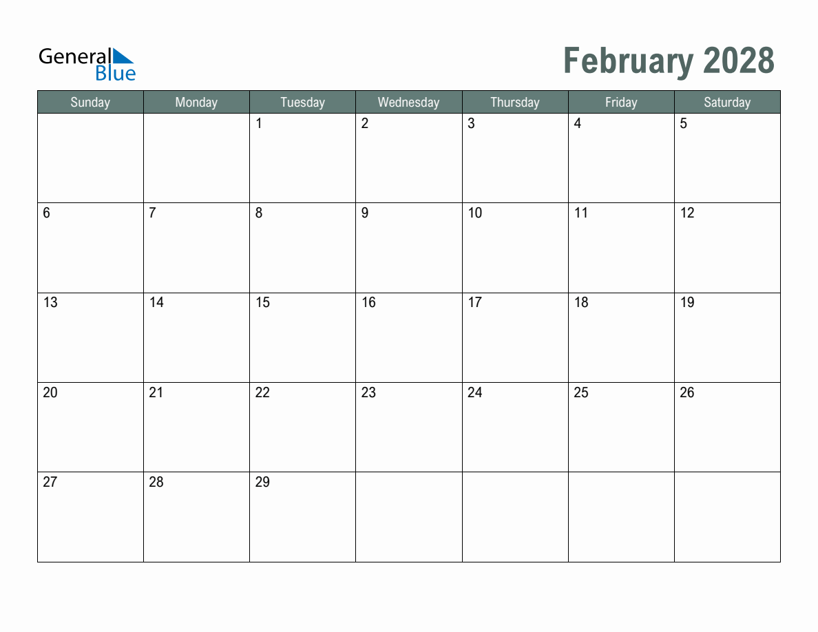 Blank February 2028 Monthly Calendar Template
