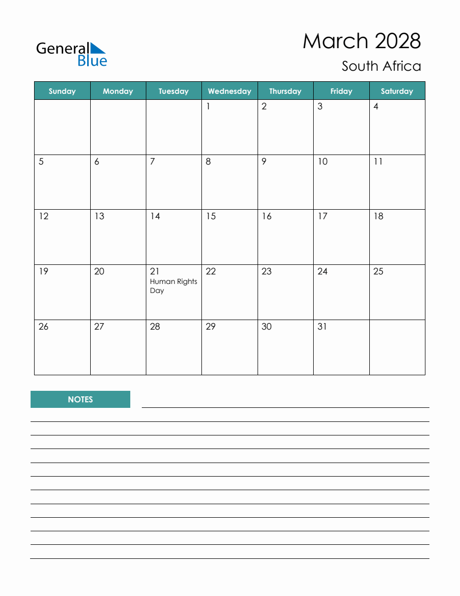 Monthly Planner with South Africa Holidays - March 2028