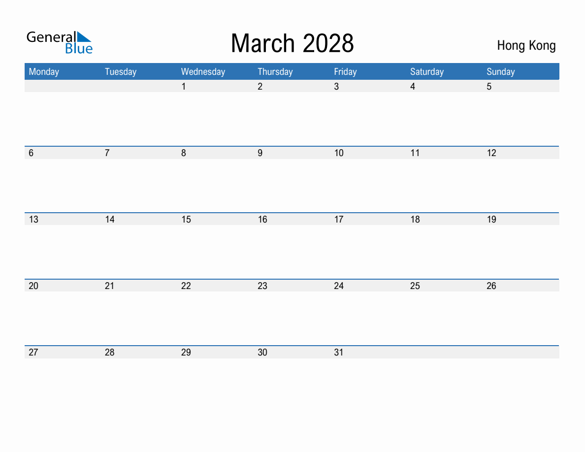 Editable March 2028 Calendar with Hong Kong Holidays (Monday Start)