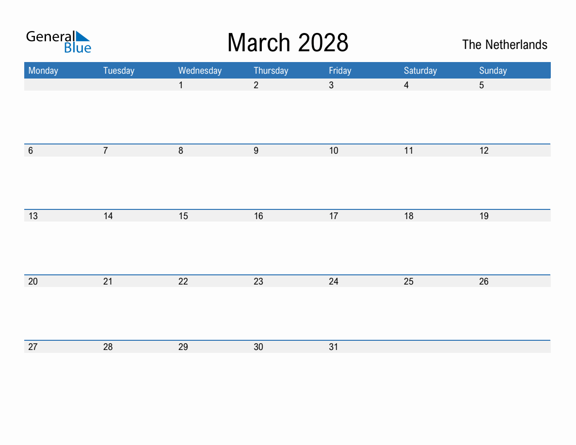 Editable March 2028 Calendar with The Netherlands Holidays