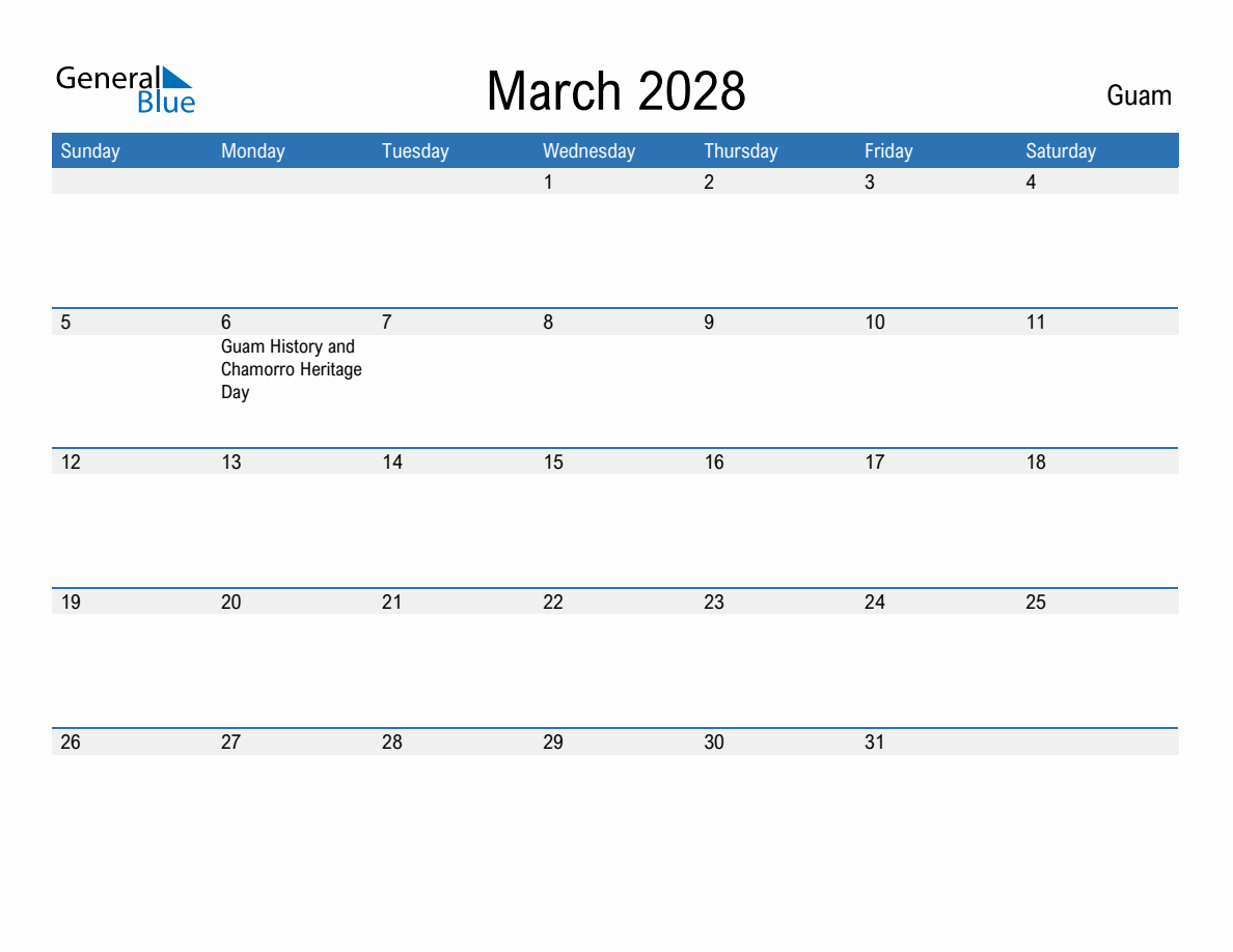 March 2028 Monthly Calendar with Guam Holidays
