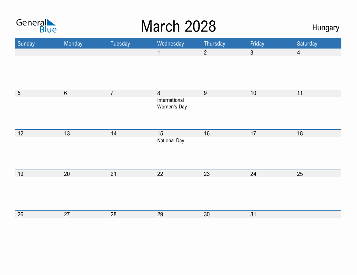 Editable March 2028 Calendar with Hungary Holidays