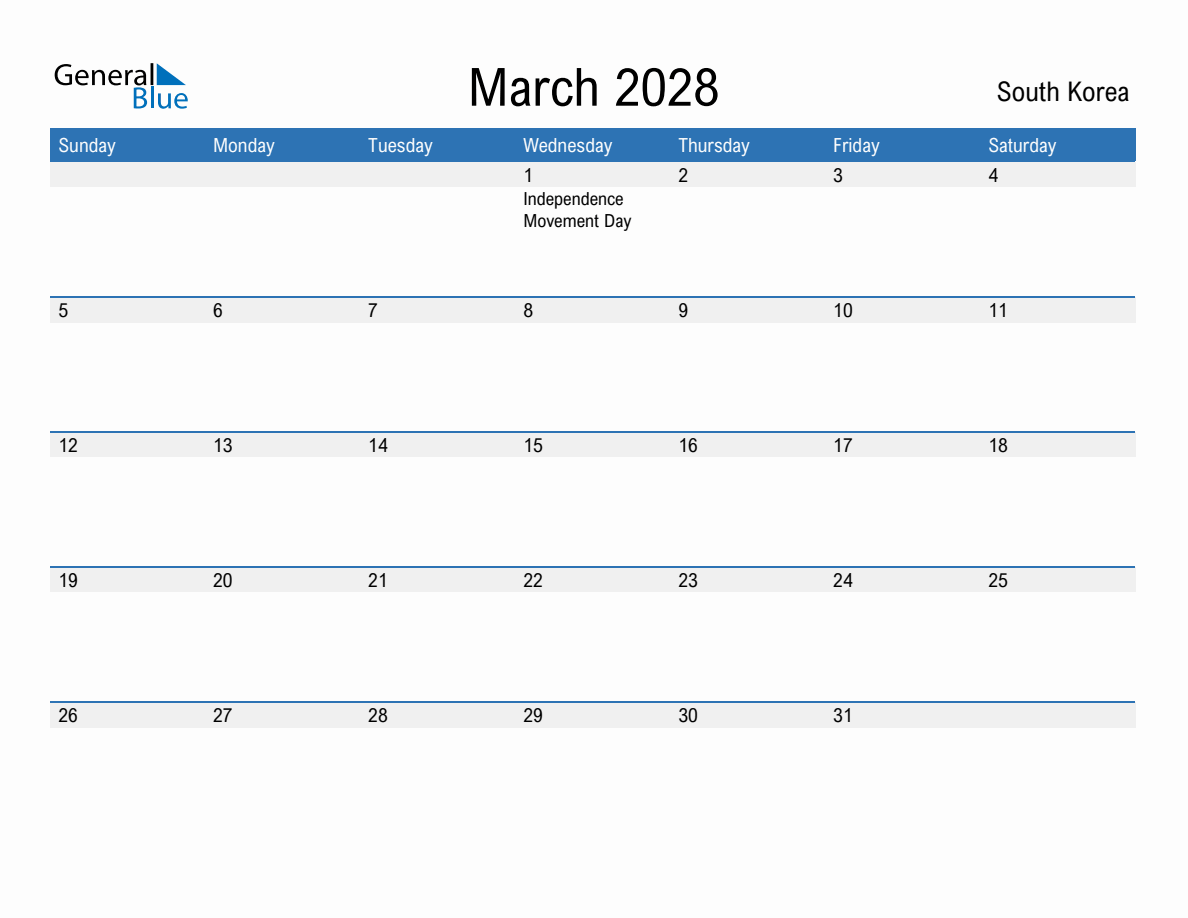 March 2028 Monthly Calendars with South Korea Holidays