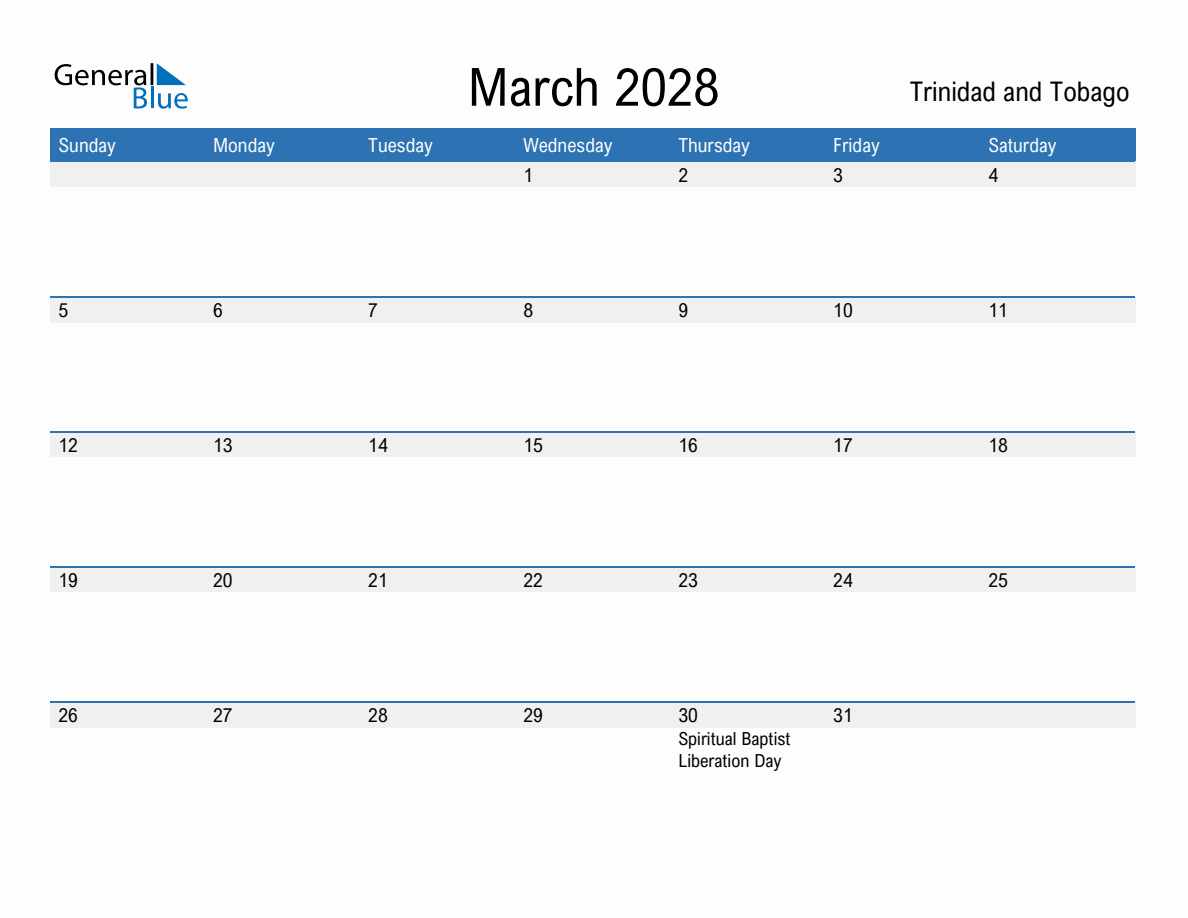 March 2028 Monthly Calendars with Trinidad and Tobago Holidays