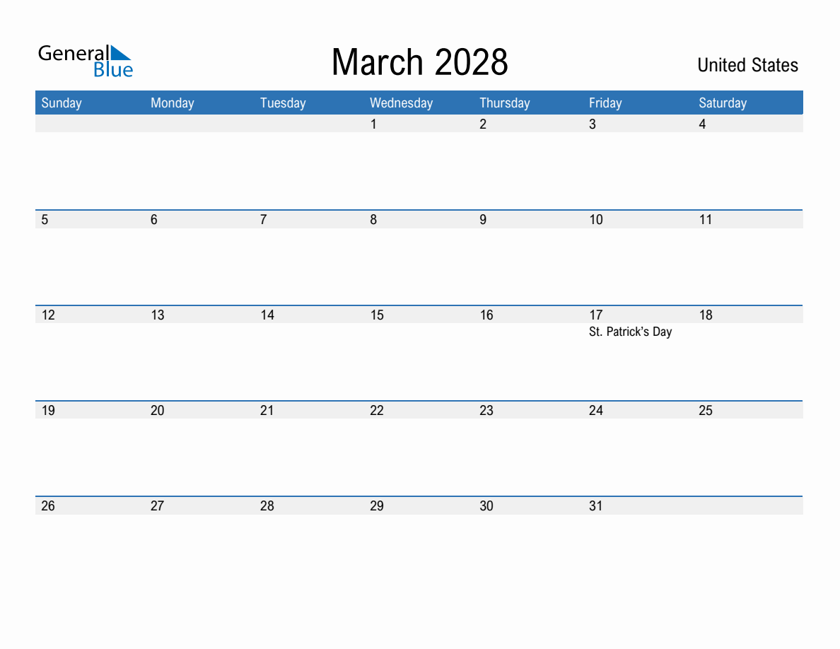 March 2028 Monthly Calendars with United States Holidays