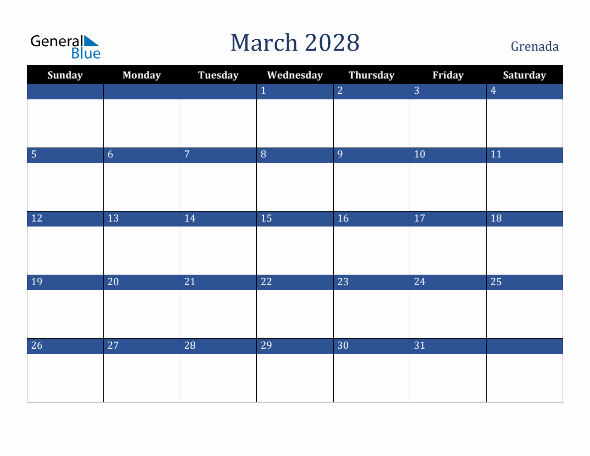 March 2028 Grenada Holiday Calendar
